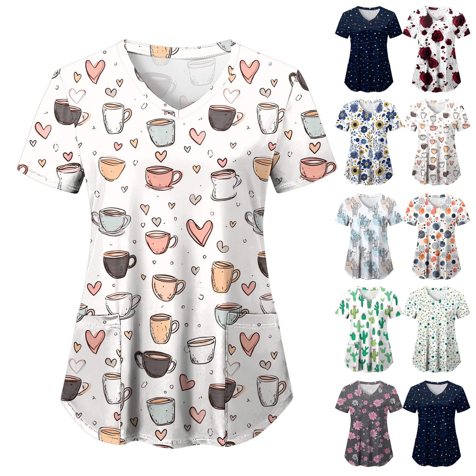 COMVALUE Print Scrubs for Women Nurse Vet Pediatric with Design Fit ...