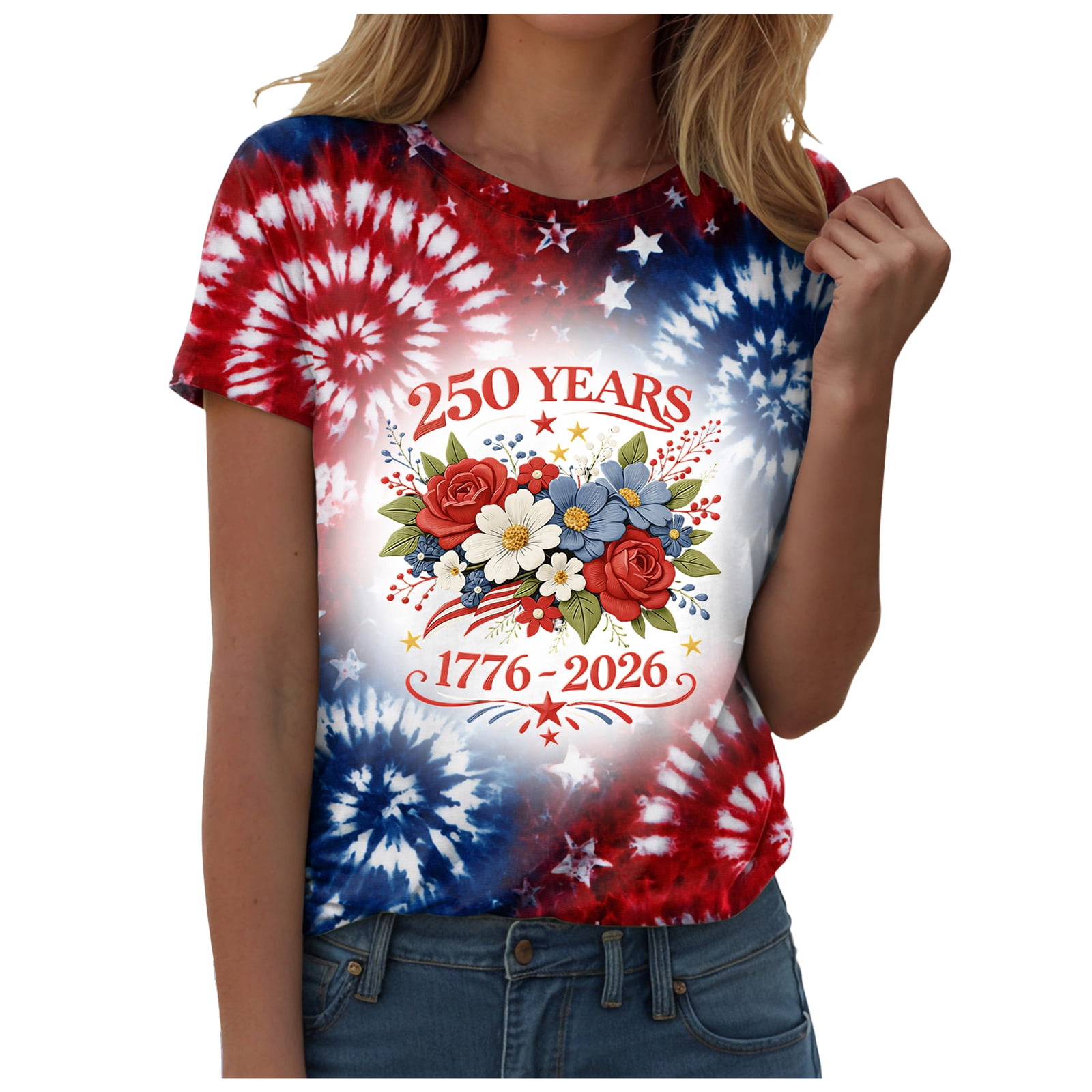 COMVALUE Retro 4th of July Watercolor Patriotic Flower Flag Print T ...