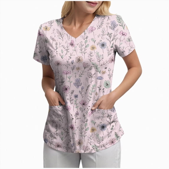COMVALUE Scrub Tops Women Short Sleeve Plus Size Stretch V-Neck Fun ...