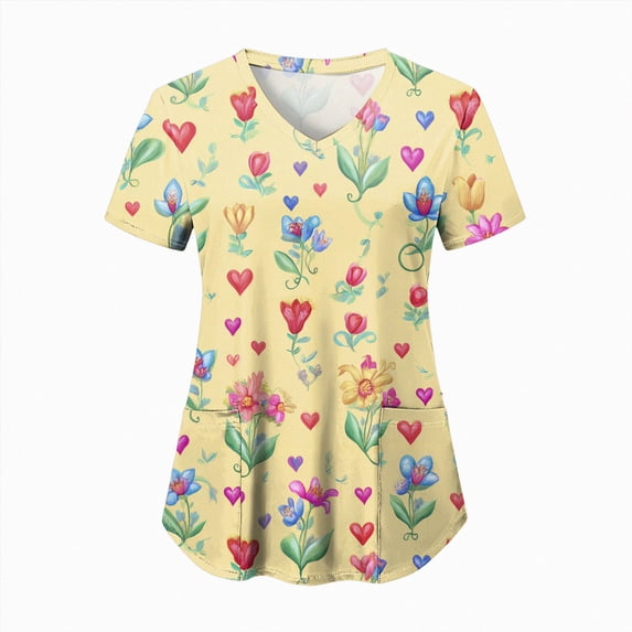 COMVALUE Scrub Tops Women Short Sleeve Plus Size Stretch V-Neck Fun ...