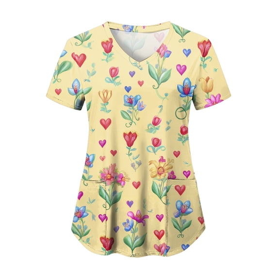 COMVALUE Scrub Tops Women Short Sleeve Plus Size V Neck Fun Printed ...