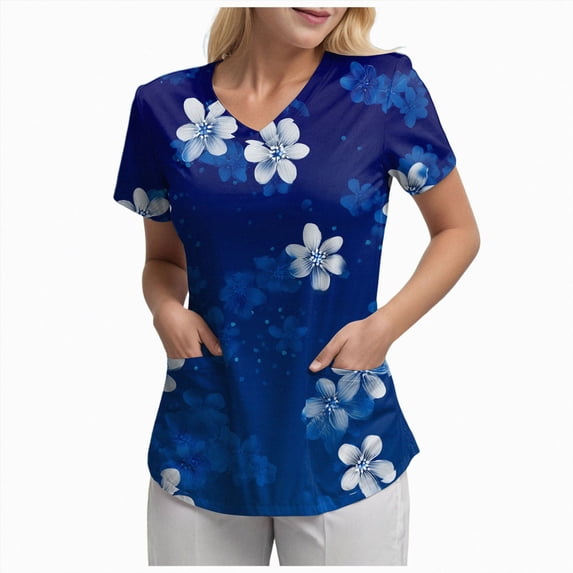 COMVALUE Scrub Tops Women Short Sleeve Size Stretch V-Neck Printed ...