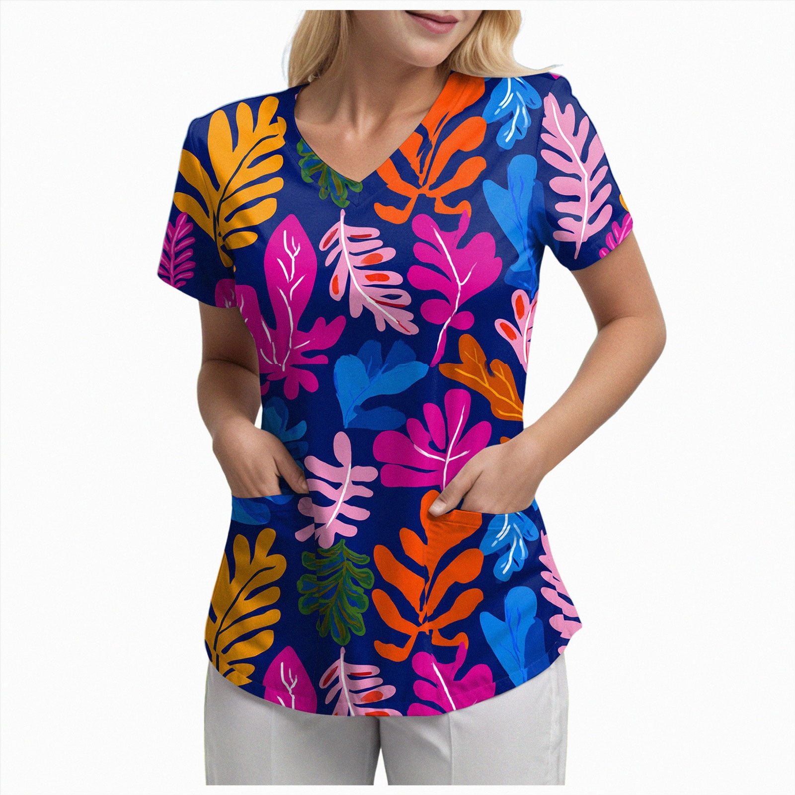 COMVALUE Scrub Tops Women Short Sleeve Size Stretch V-Neck Printed ...