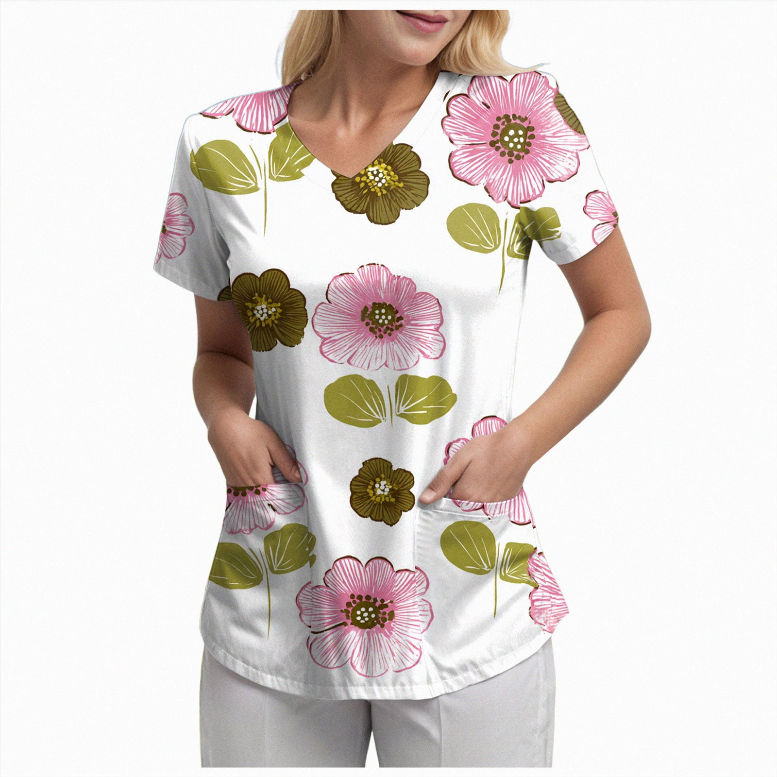 COMVALUE Scrub Tops Women Short Sleeve Size Stretch V-Neck Printed ...