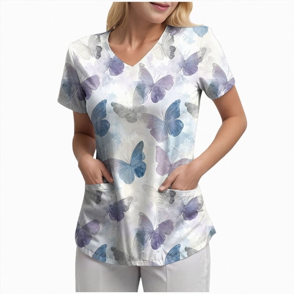 COMVALUE Scrub Tops Women Short Sleeve Size Stretch V-Neck Printed ...