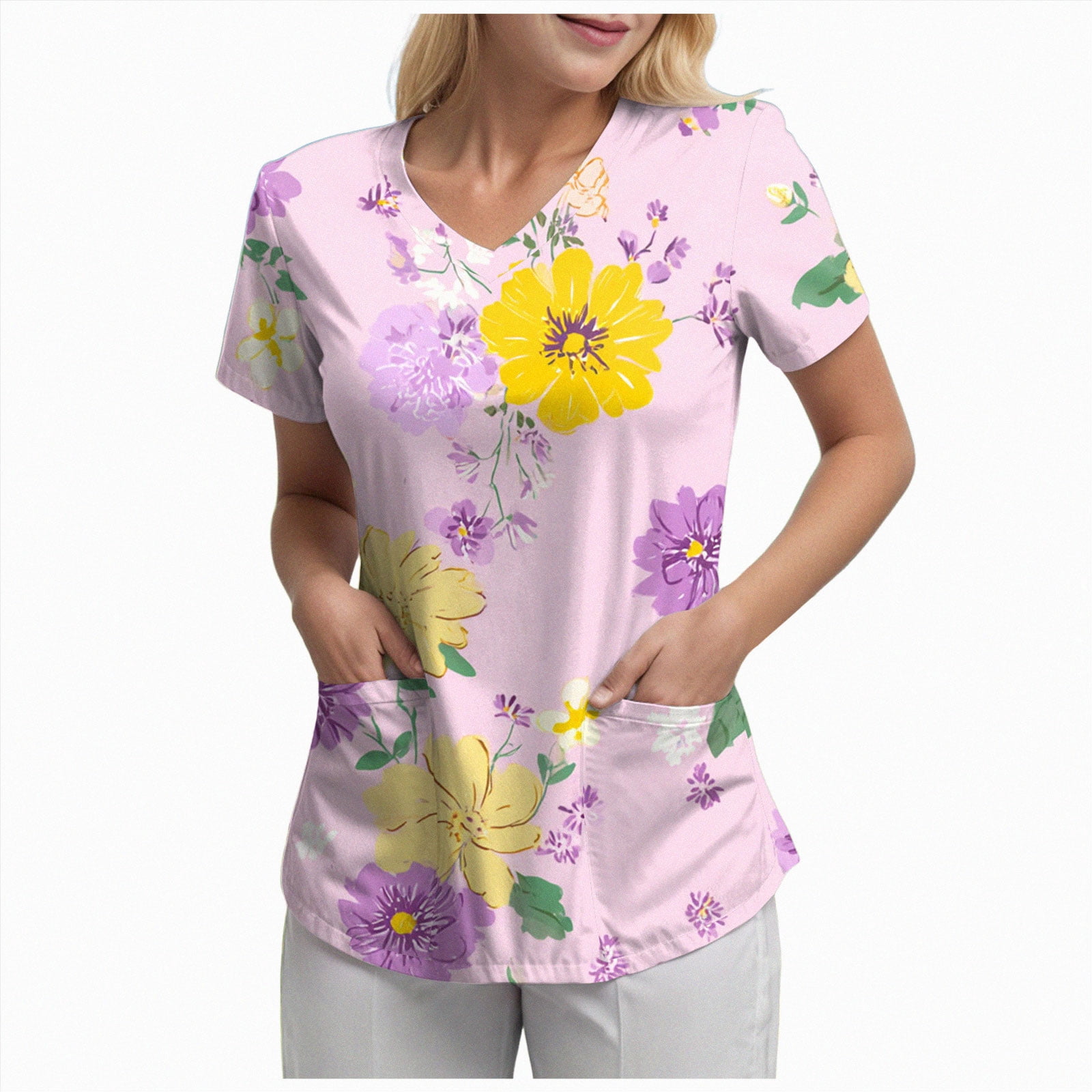 COMVALUE Scrub Tops Women Short Sleeve Size Stretch V-Neck Printed ...