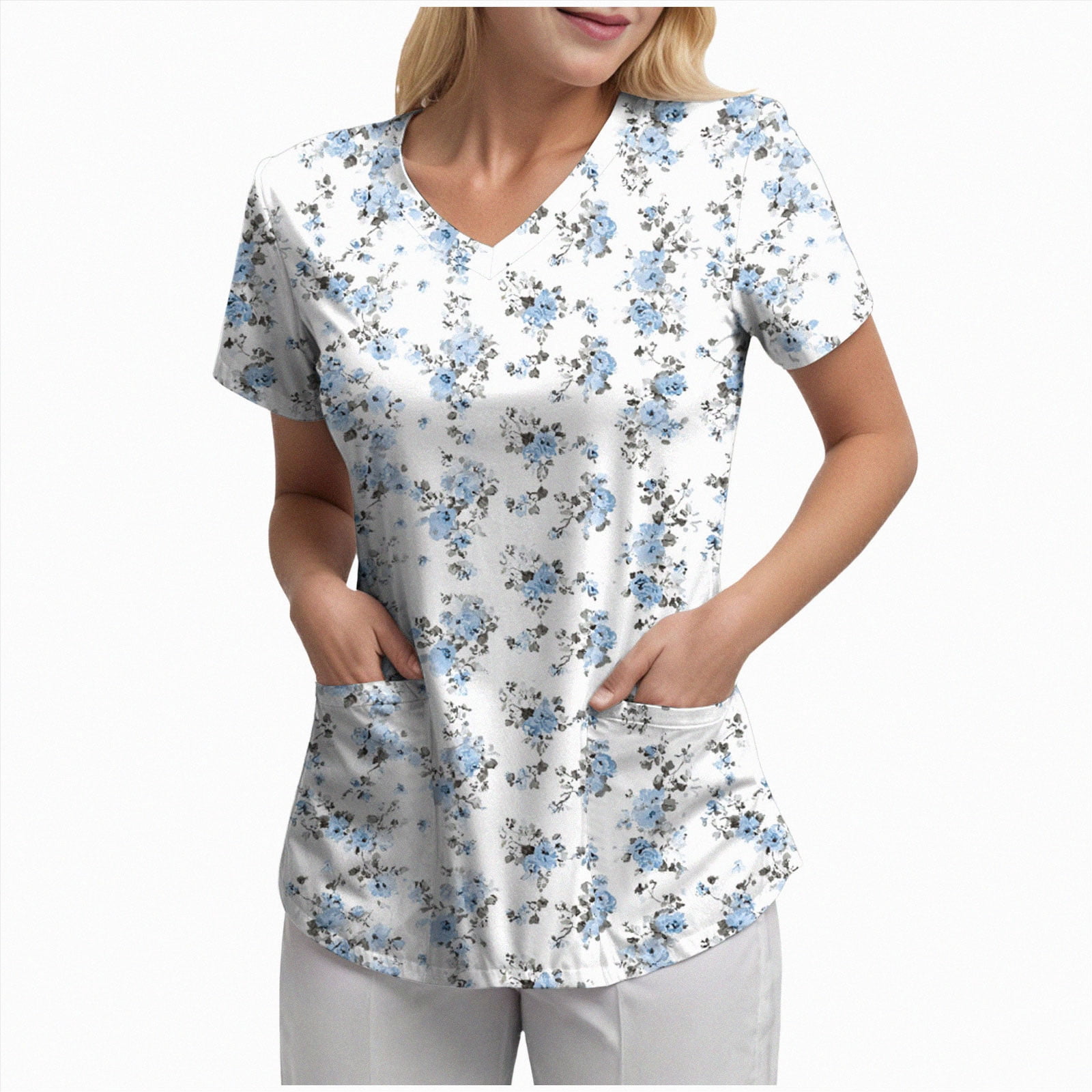 COMVALUE Scrubs Women Short Sleeve Printed Workwear V Neck T Shirts ...
