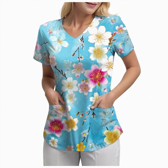 COMVALUE Scrubs Women V Neck Short Sleeve Printed Tops Cartoon Pattern ...