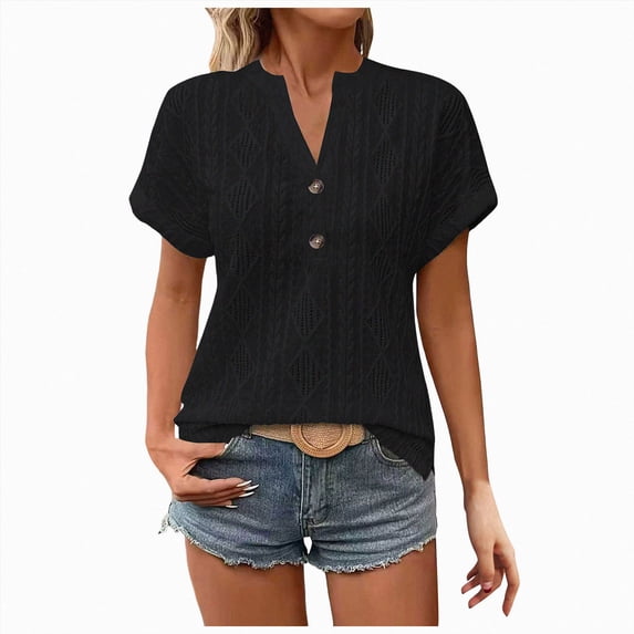 COMVALUE Shirts Women Summer Casual Button V Neck Short Sleeve Eyelet ...
