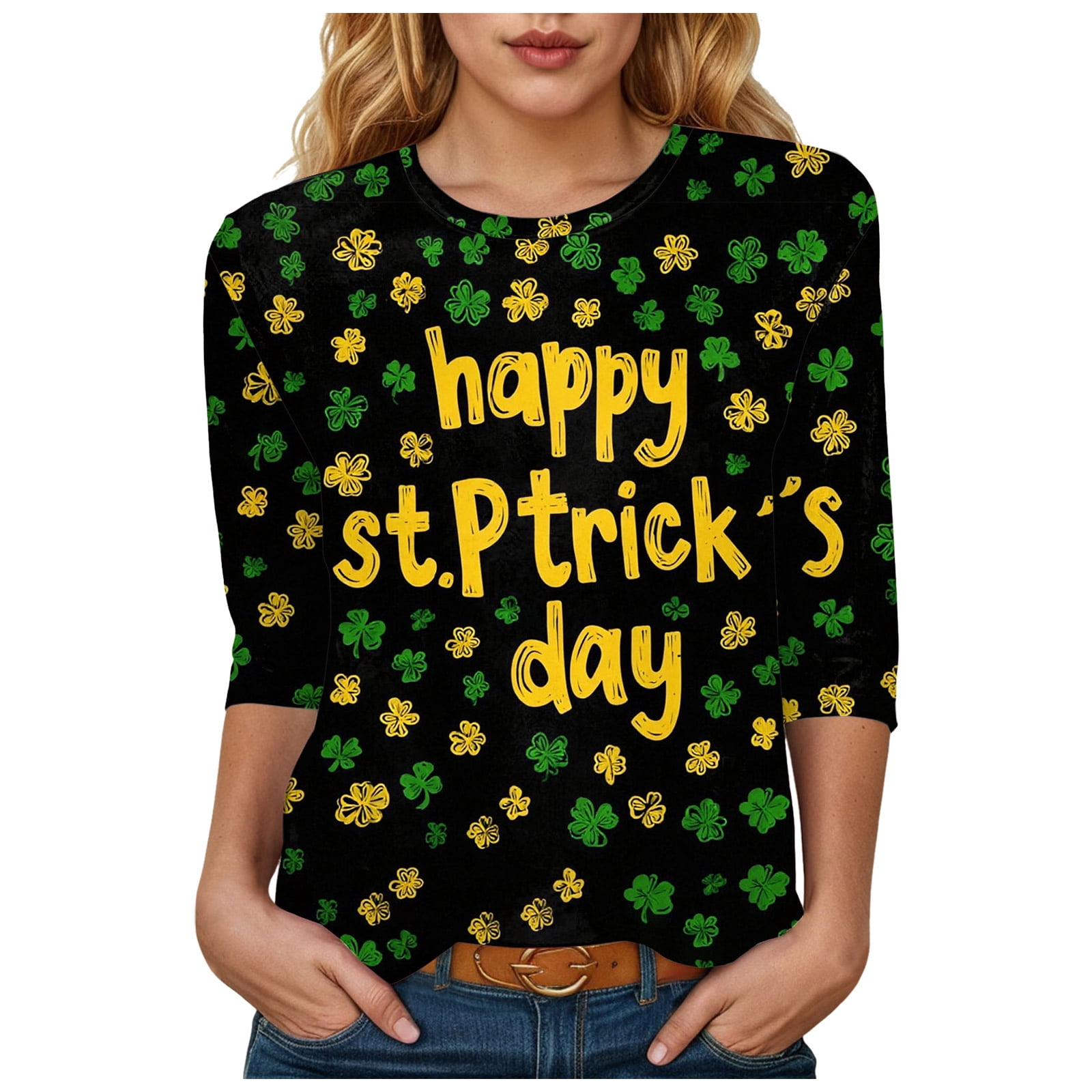 COMVALUE St Patricks Day Shirt Women 3/4 Sleeve Shamrock Four Leaf ...