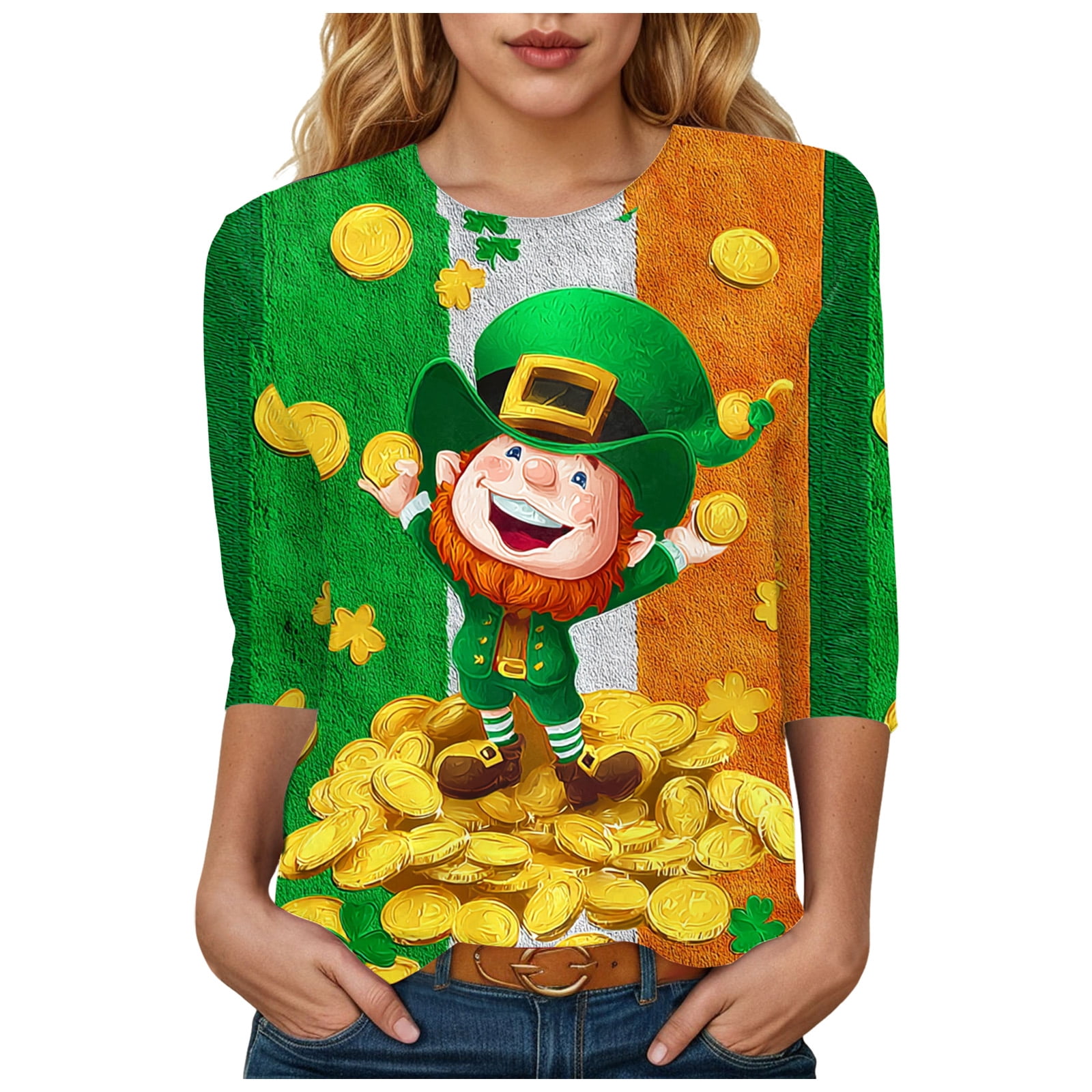 COMVALUE St Patricks Day Shirt Women 3/4 Sleeve Shamrock Four Leaf ...