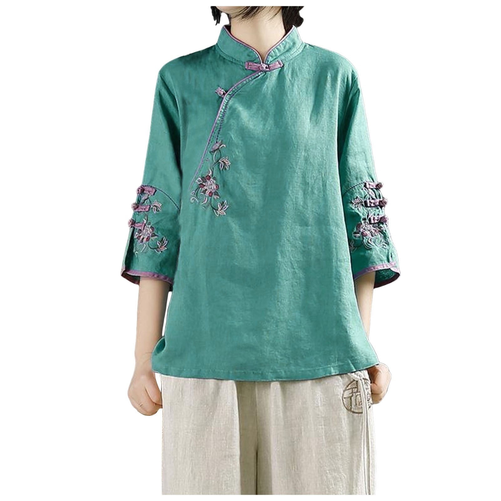 COMVALUE Summer 3/4 Sleeve Chinese Blouses Traditional Mandarin ...