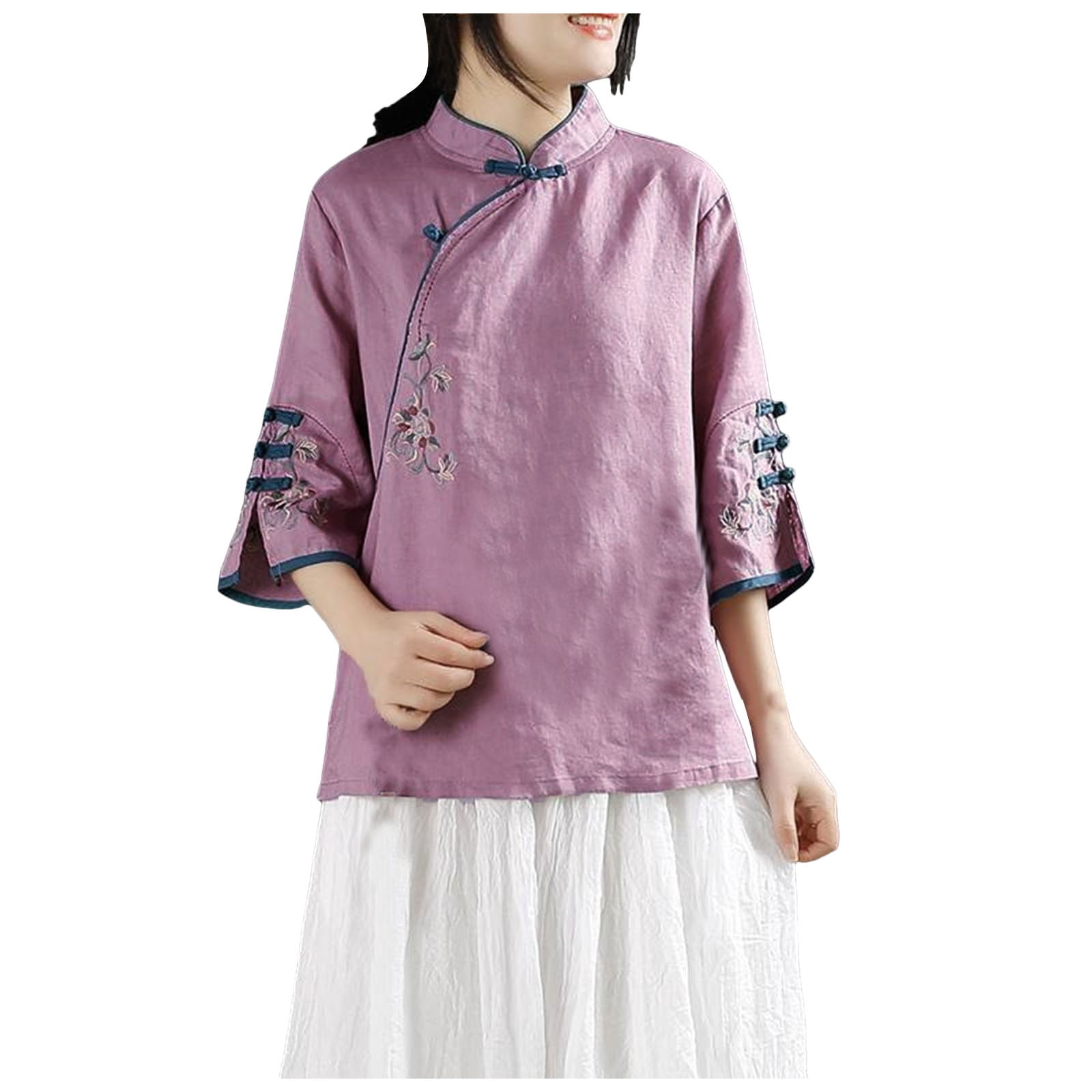 COMVALUE Summer 3/4 Sleeve Chinese Blouses Traditional Mandarin ...