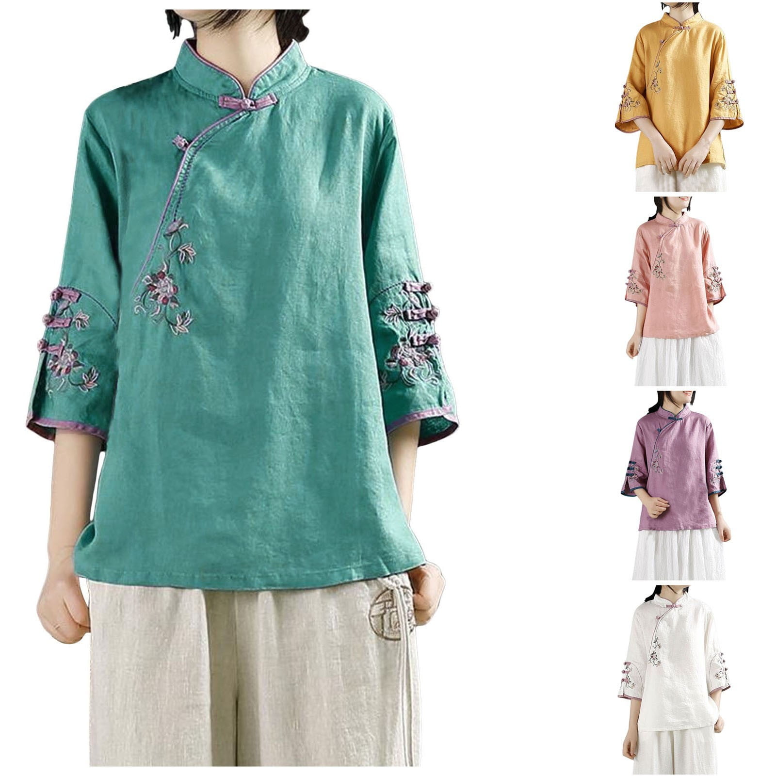 COMVALUE Summer 3/4 Sleeve Chinese Blouses Traditional Mandarin ...