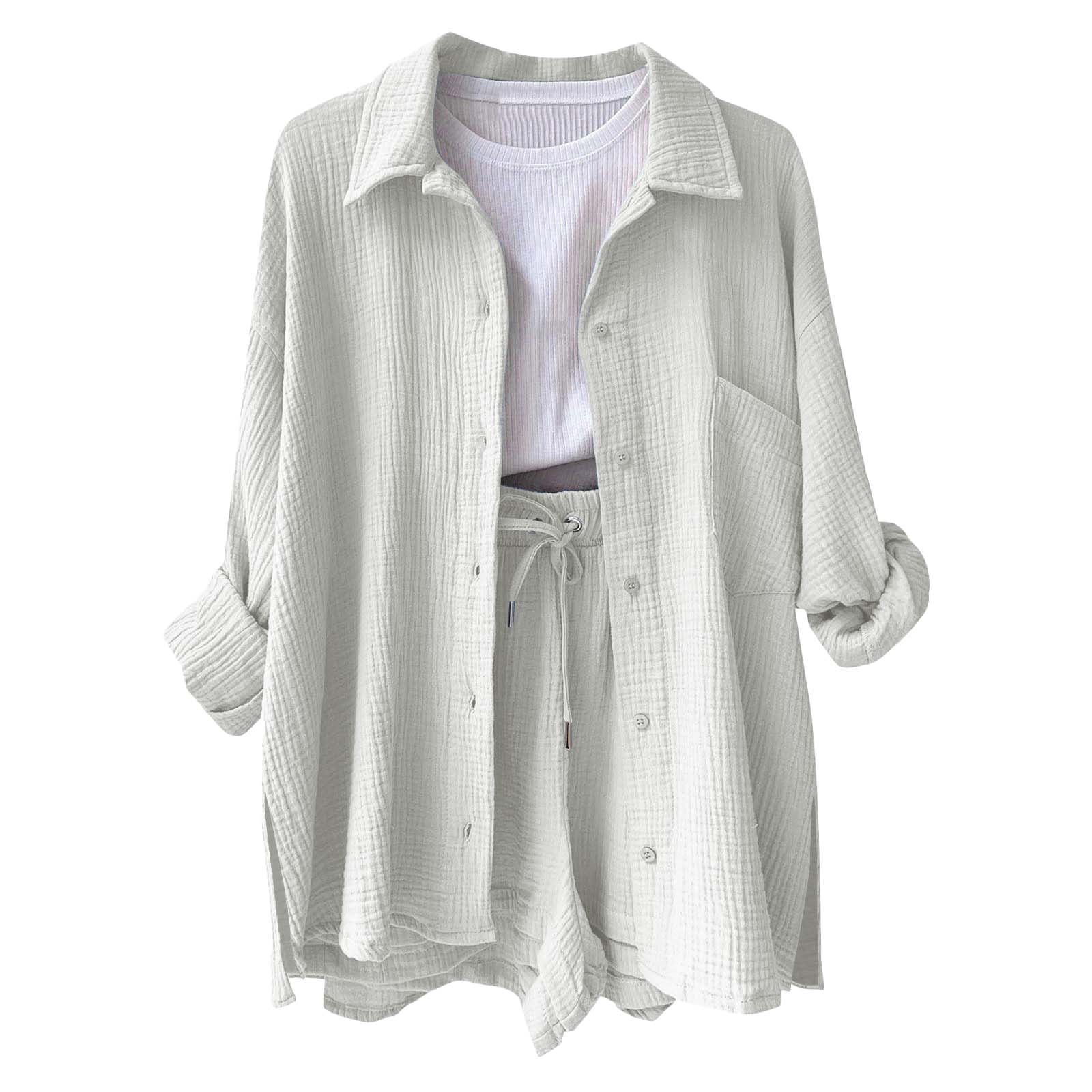 COMVALUE Summer Lounge Sets for Women 2 Piece Capris Long Sleeve Shirts ...