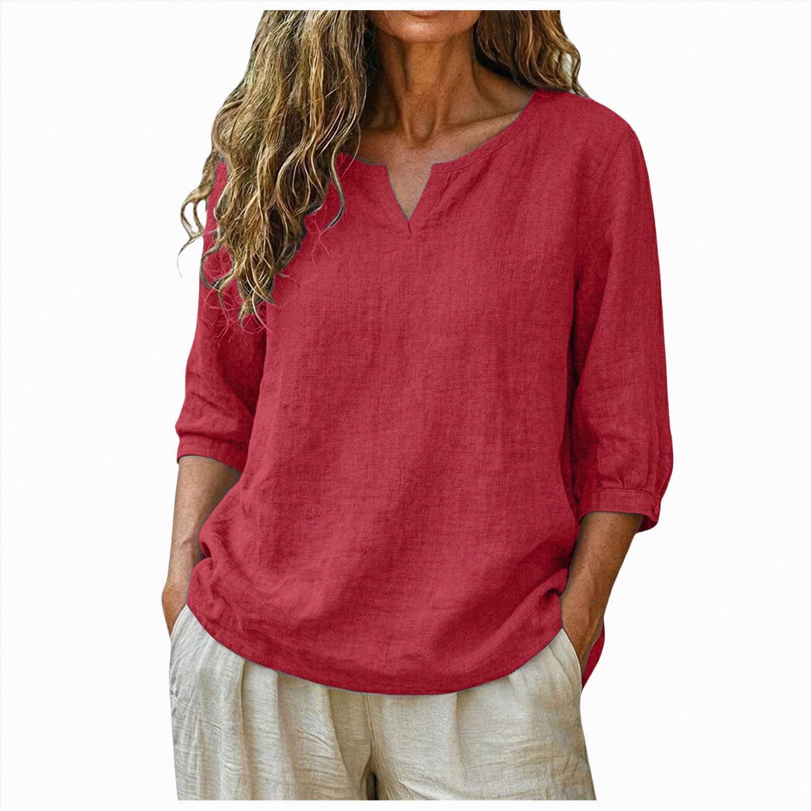 COMVALUE Tops Women Summer Gauze Shirts 3/4 Sleeve V Neck Blouses ...