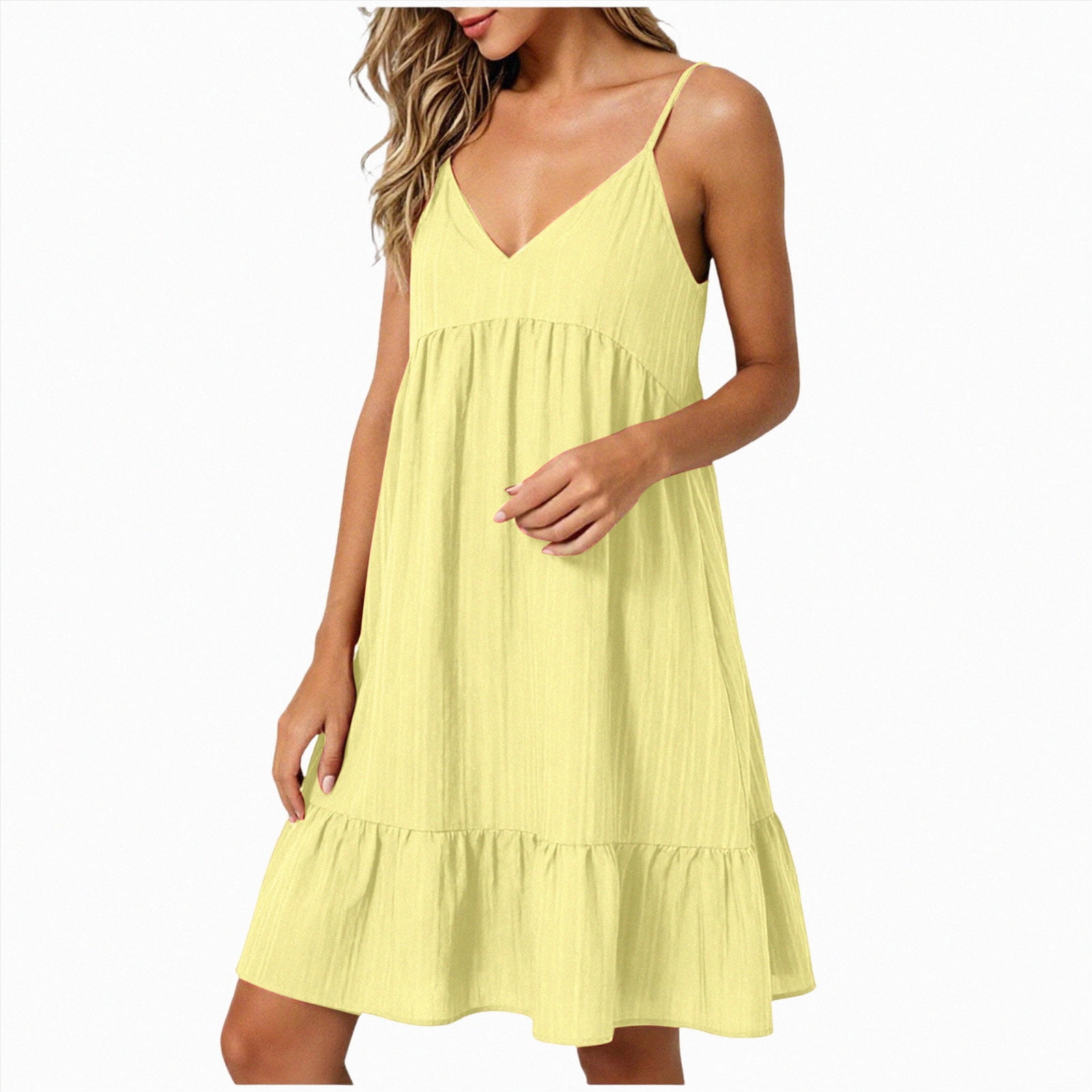 COMVALUE Women Floral Casual Tiered Mini Dresses Spaghetti Strap V Neck ...
