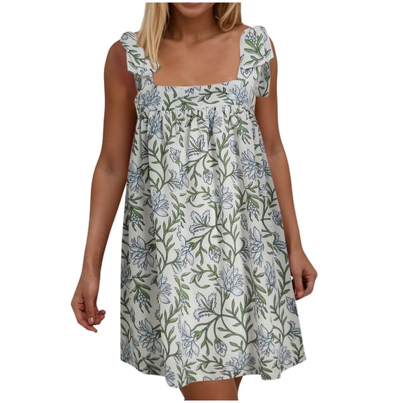 COMVALUE Women Floral Tie Shoulder Mini Dress Summer Cute Square Neck ...