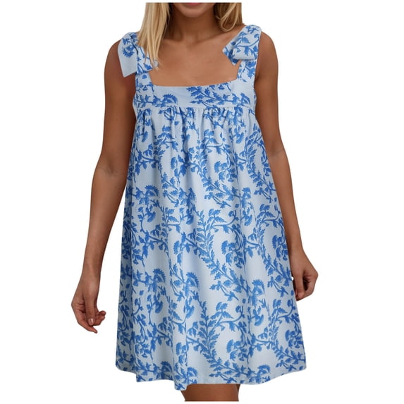 COMVALUE Women Floral Tie Shoulder Mini Dress Summer Cute Square Neck ...