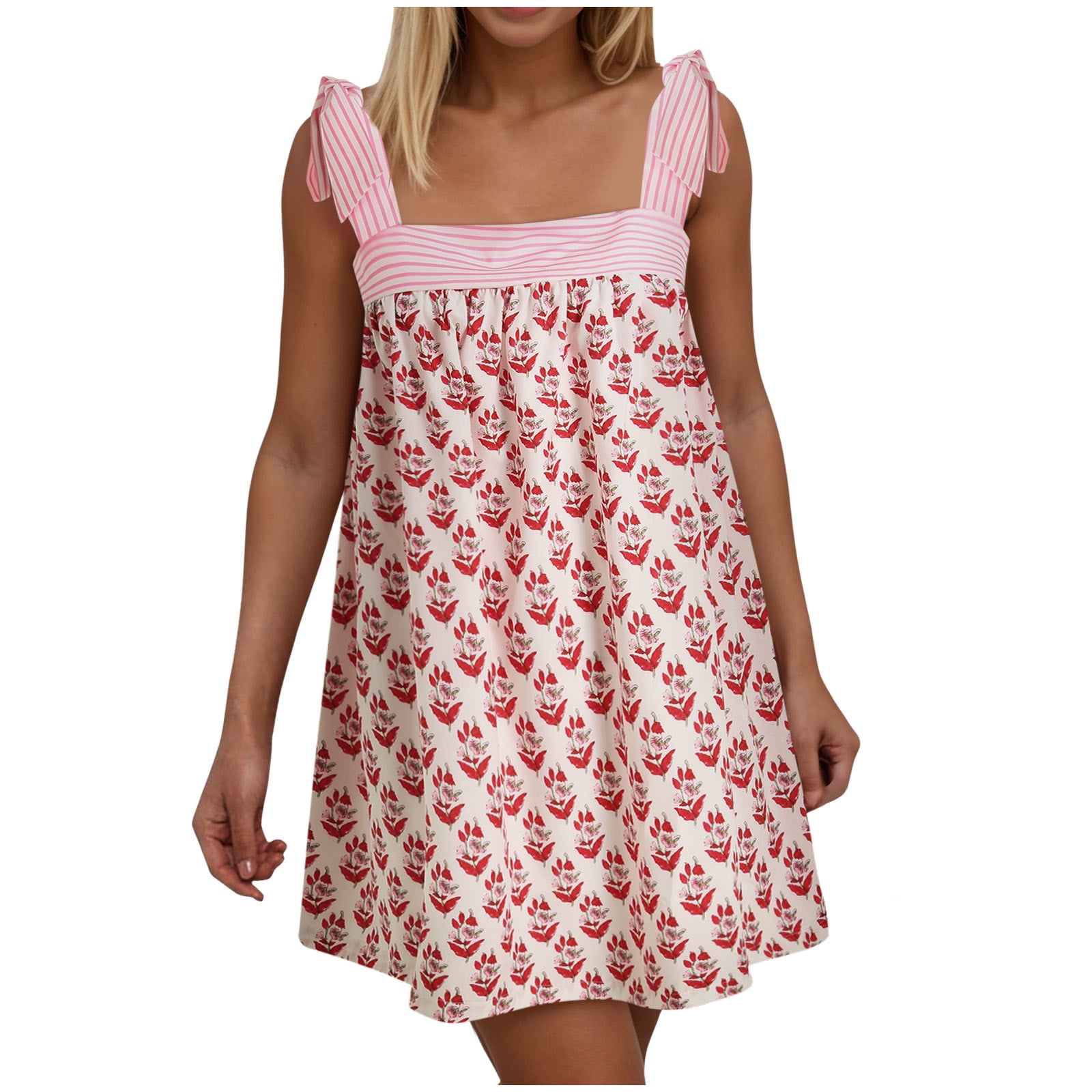 COMVALUE Women Floral Tie Shoulder Mini Dress Summer Cute Square Neck ...