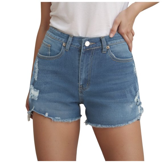 COMVALUE Women Mid Rise Ripped Stretchy Jeans Shorts Frayed Raw Hem ...