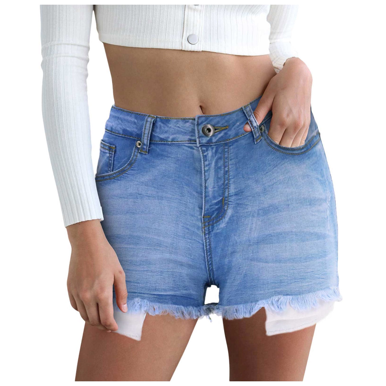 COMVALUE Women Mid Rise Ripped Stretchy Jeans Shorts Frayed Raw Hem ...