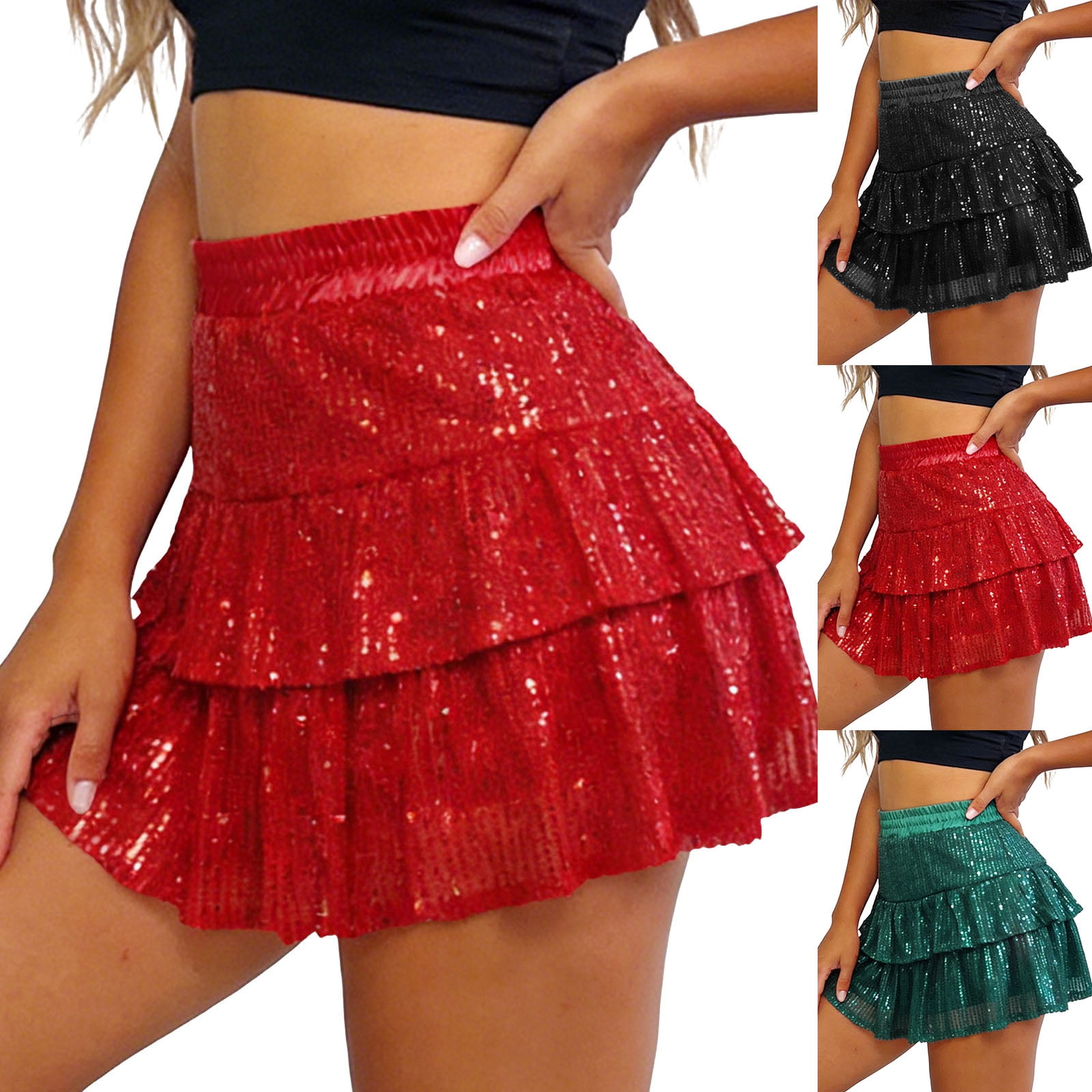 COMVALUE Women Sequin Sparkly Ruffle Skirt - Glitter Pleated Shiny ...