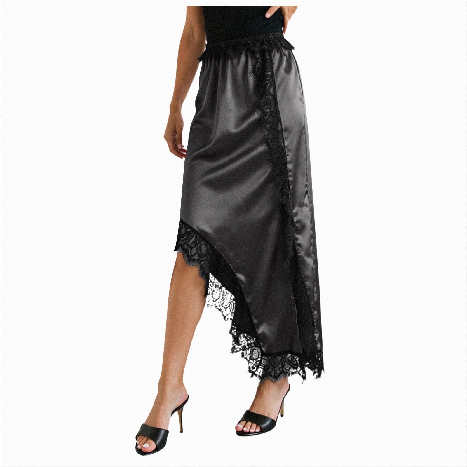 COMVALUE Women Silk Satin Half Slip Long Skirts Lace Patchwork Elastic ...