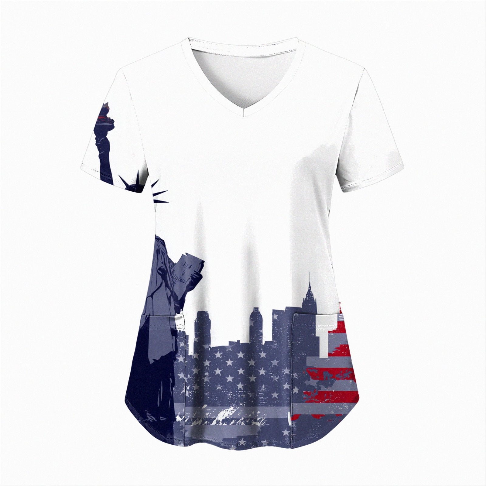 COMVALUE Women V-Neck Independence Scrub Shirts Loose Short Sleeve ...