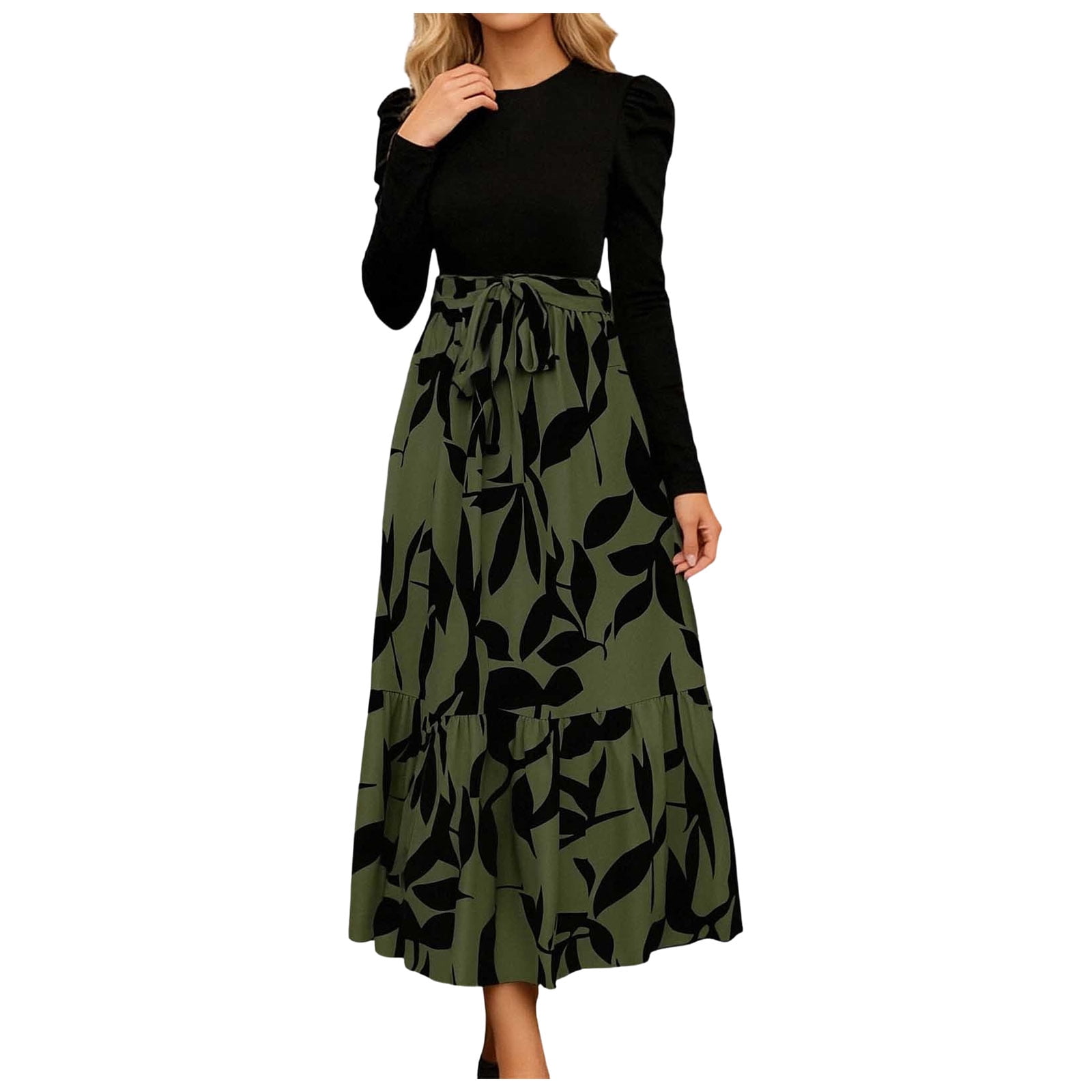 COMVALUE Women's A Line Floral Print Color Block Maxi Dress Puff Sleeve Belted Dresses (Army ...