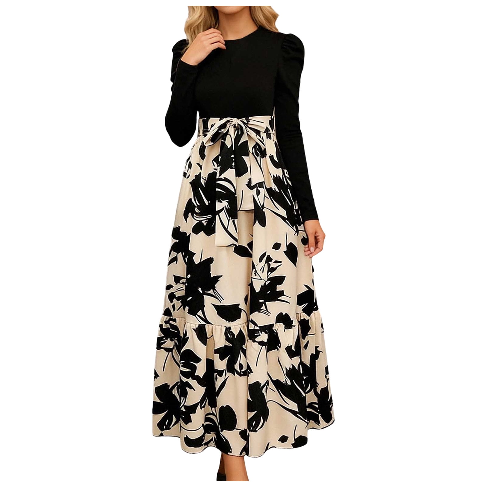 COMVALUE Women's A Line Floral Print Color Block Maxi Dress Puff Sleeve Belted Dresses (Khaki ...