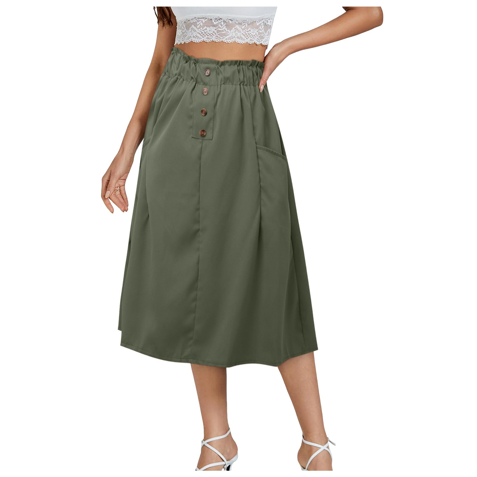 COMVALUE Women's Button Elastic Waist Midi Casual A-Line Skirt (Green ...