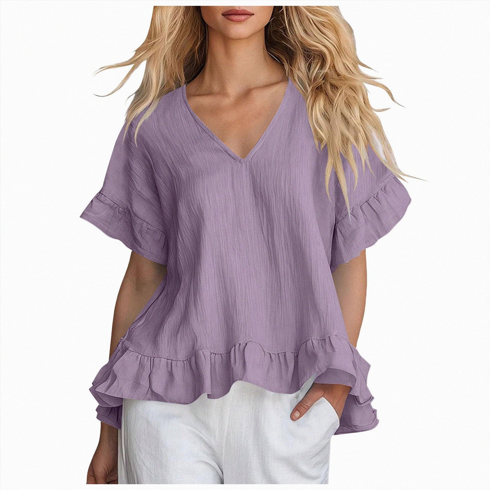 COMVALUE Women's Elegant V-Neck Ruffled Short-Sleeve Shirt Summer ...