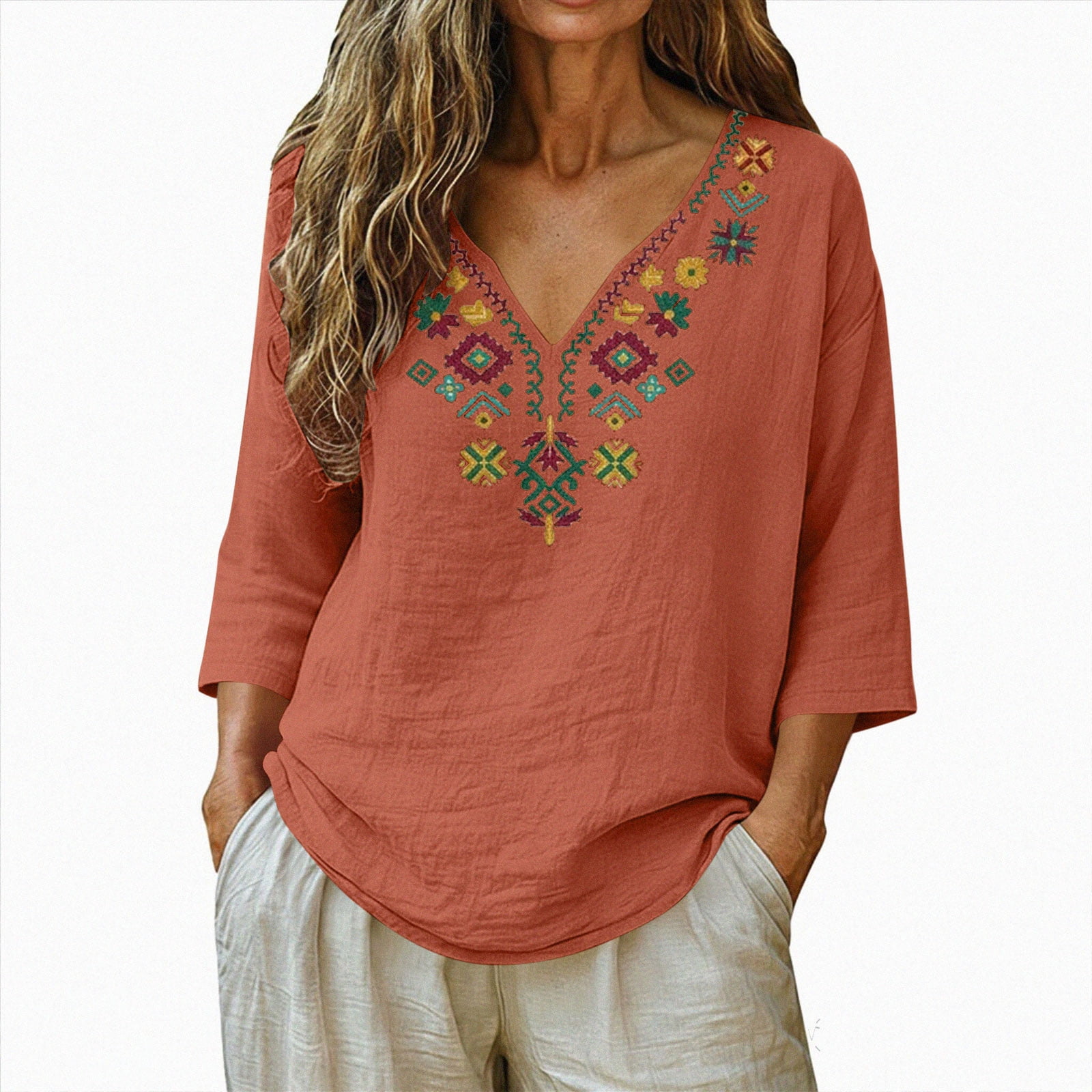 COMVALUE Women's Embroidered Tops 3/4 Sleeve Traditional Mexican Shirts ...