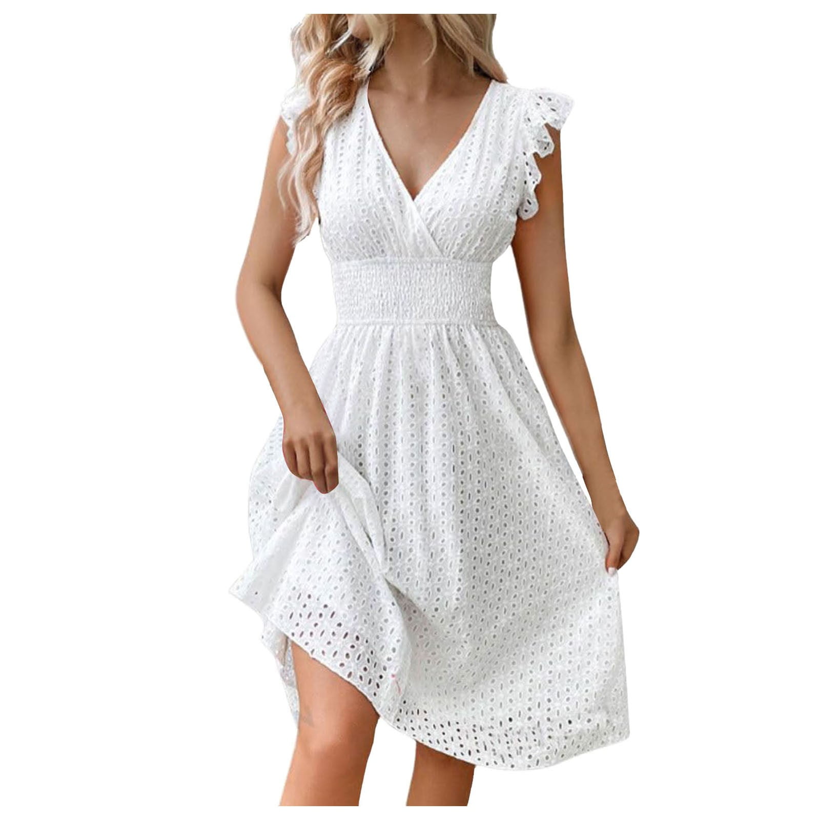 COMVALUE Women's Eyelet Lace Embroidery Smocked Waist Party Dress Sexy ...