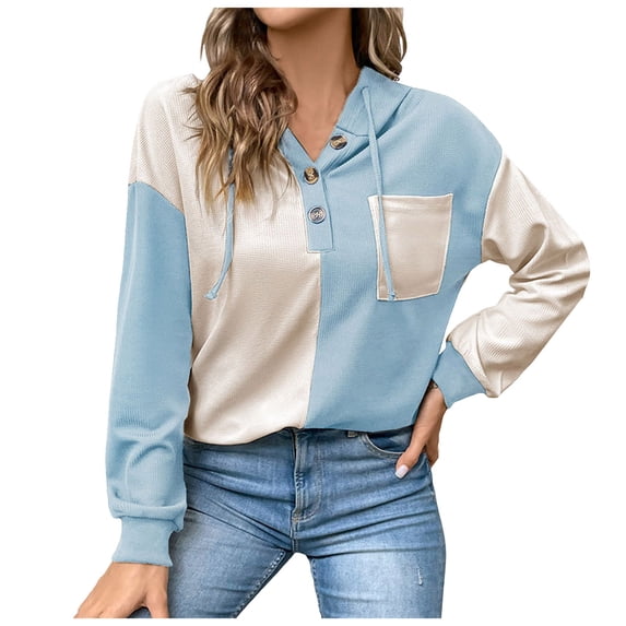 COMVALUE Women's Half Button Patchwork Hoodie Y2K Color Block ...