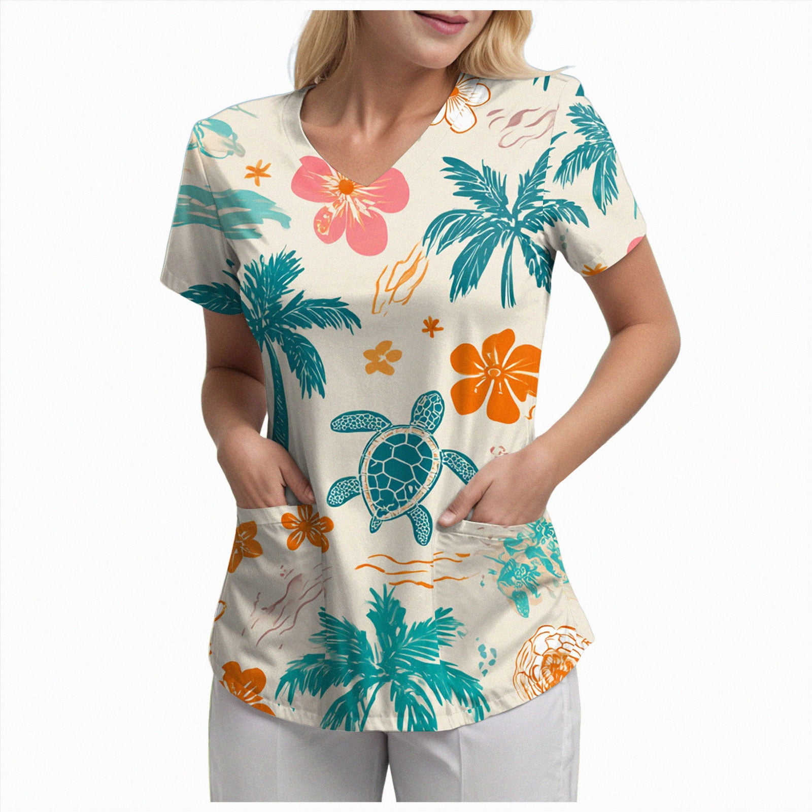 COMVALUE Women's Hawaiian Print Scrub Top Size V Neck Short Sleeve ...