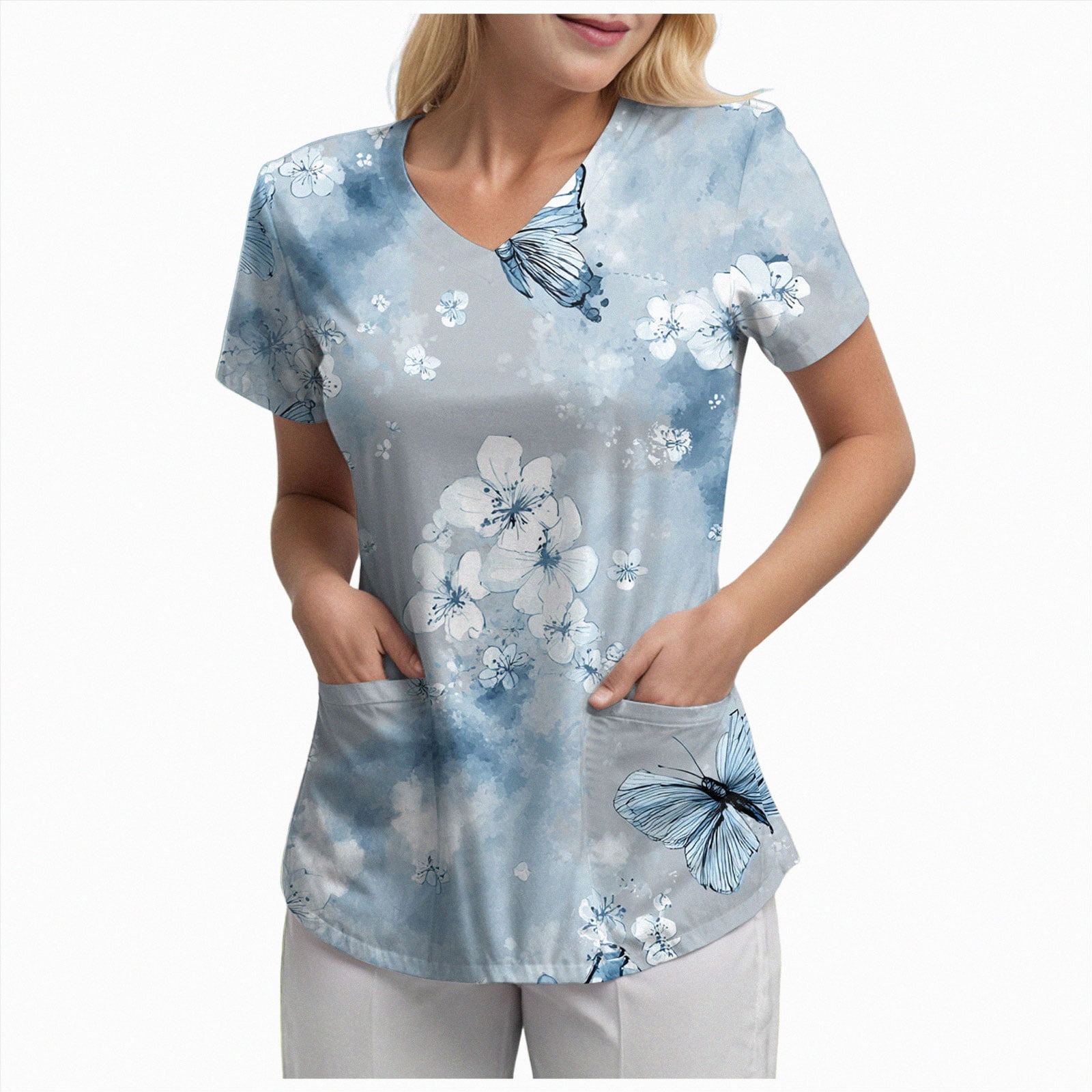 COMVALUE Women's Hawaiian Print Scrub Top Size V Neck Short Sleeve ...