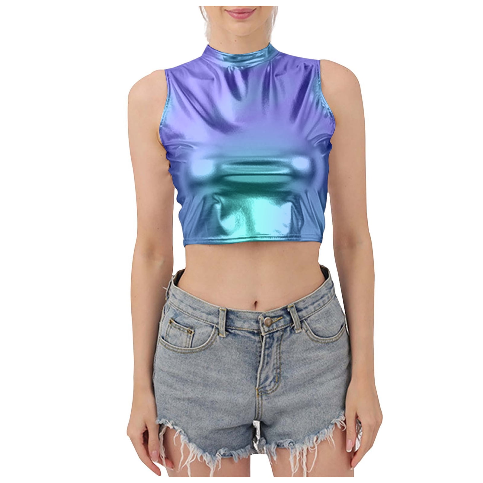 COMVALUE Women's Holographic Shiny Metallic Dance Tank Tops Sleeveless ...
