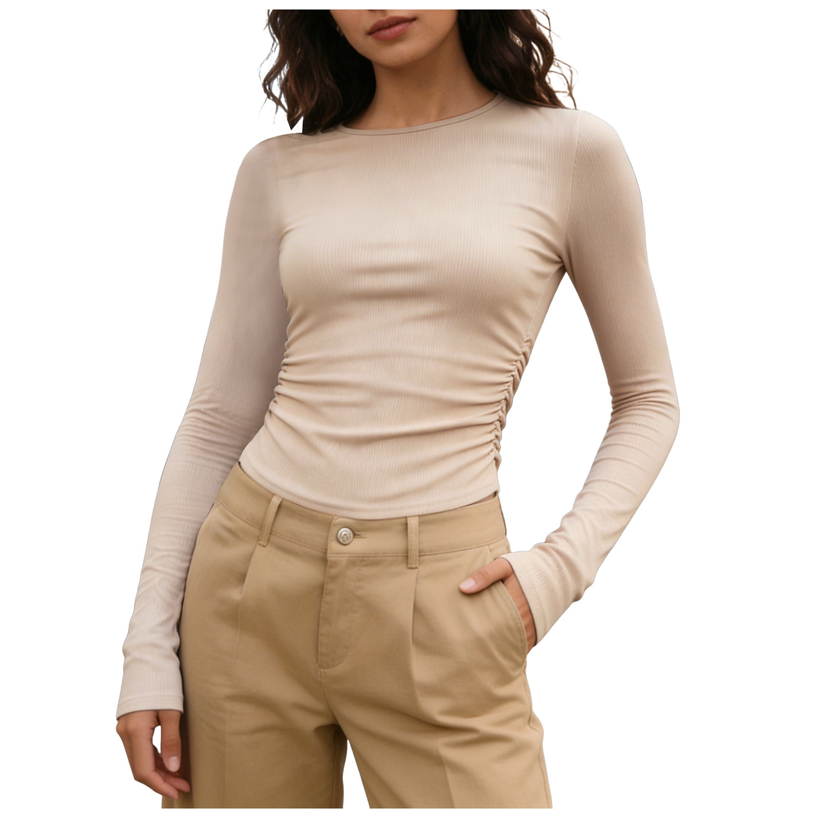 COMVALUE Women's Long Sleeve Shirts Basic Fitted Crewneck Plain Crop ...
