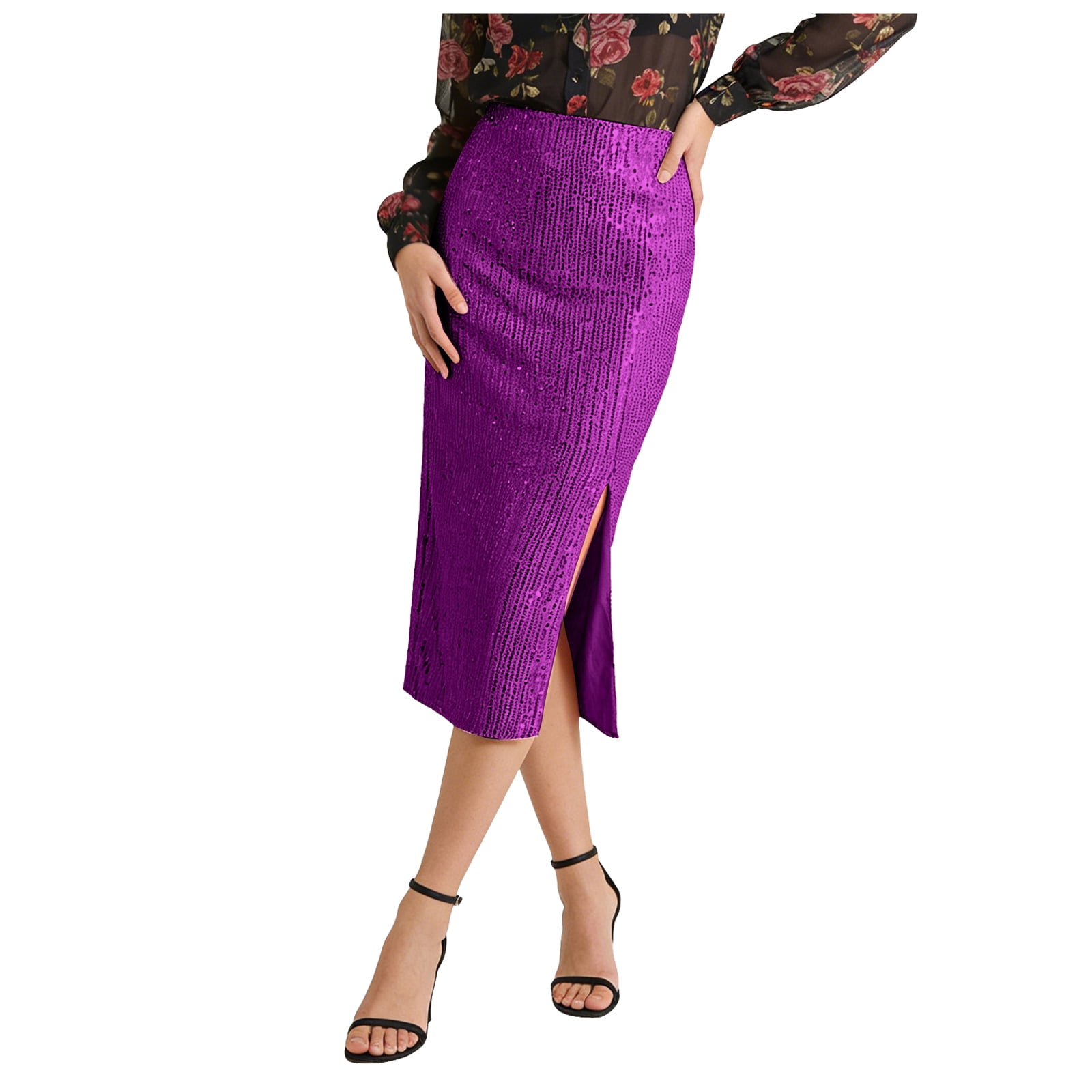 COMVALUE Women's Sequin Skirt Sparkly Sequence Skirt High Waist Slit ...