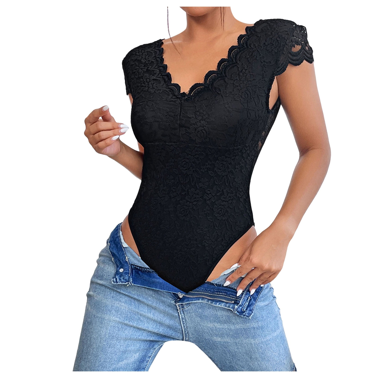 COMVALUE Women's Sexy Short Sleeve White Lace Bodysuit Deep V Neck Body ...
