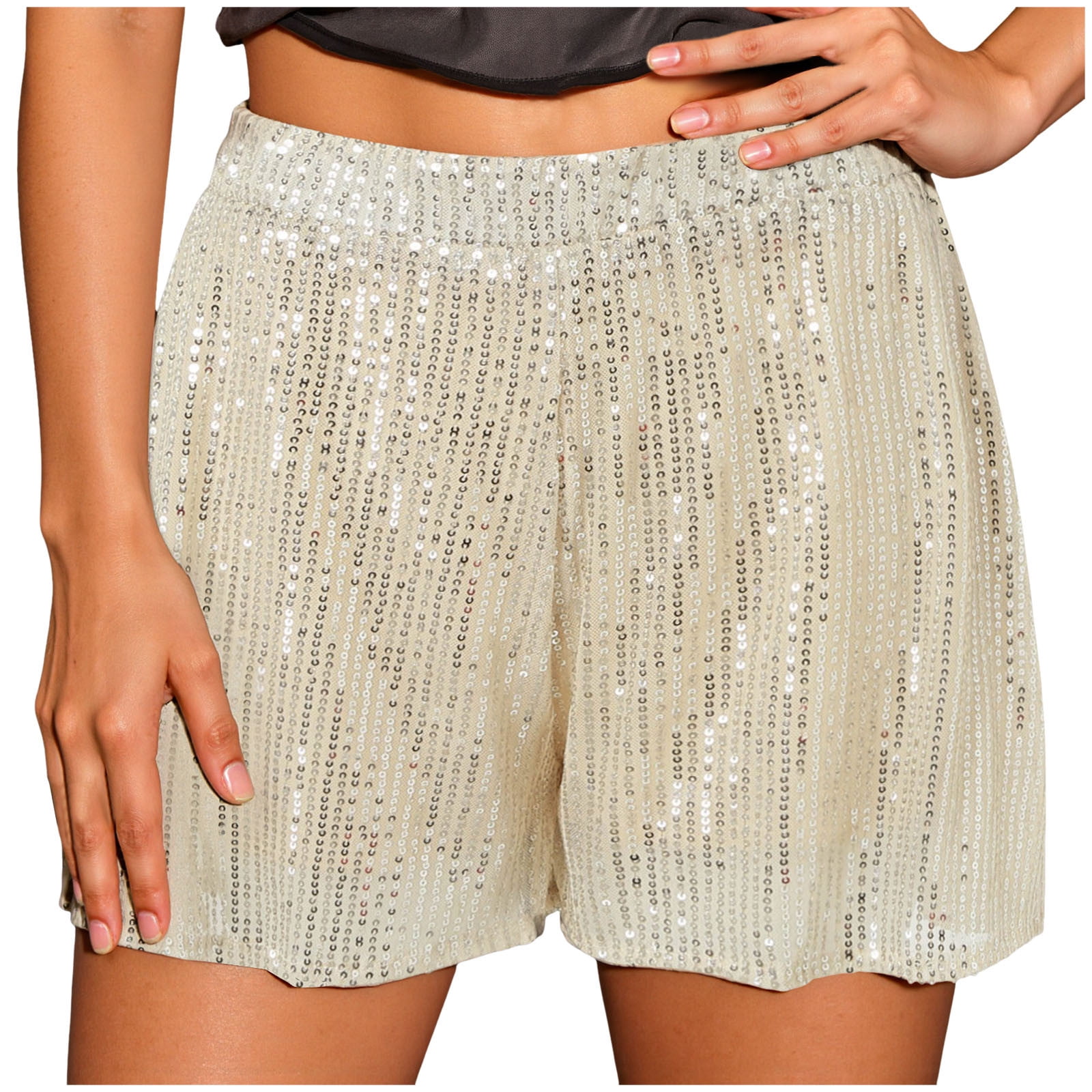 COMVALUE Women's Sparkly Sequin Shorts Elastic Waist Summer Straight ...
