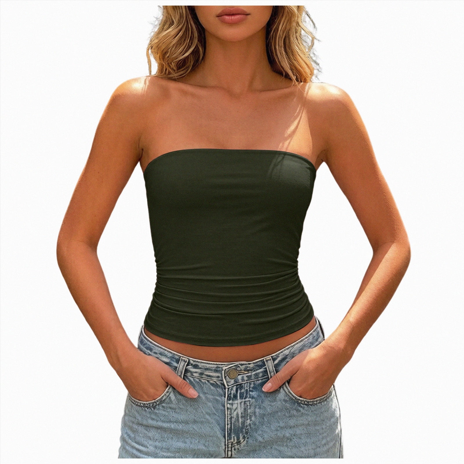 COMVALUE Women's Strapless Bandeau Crop Top (Army Green, S) - Walmart.com