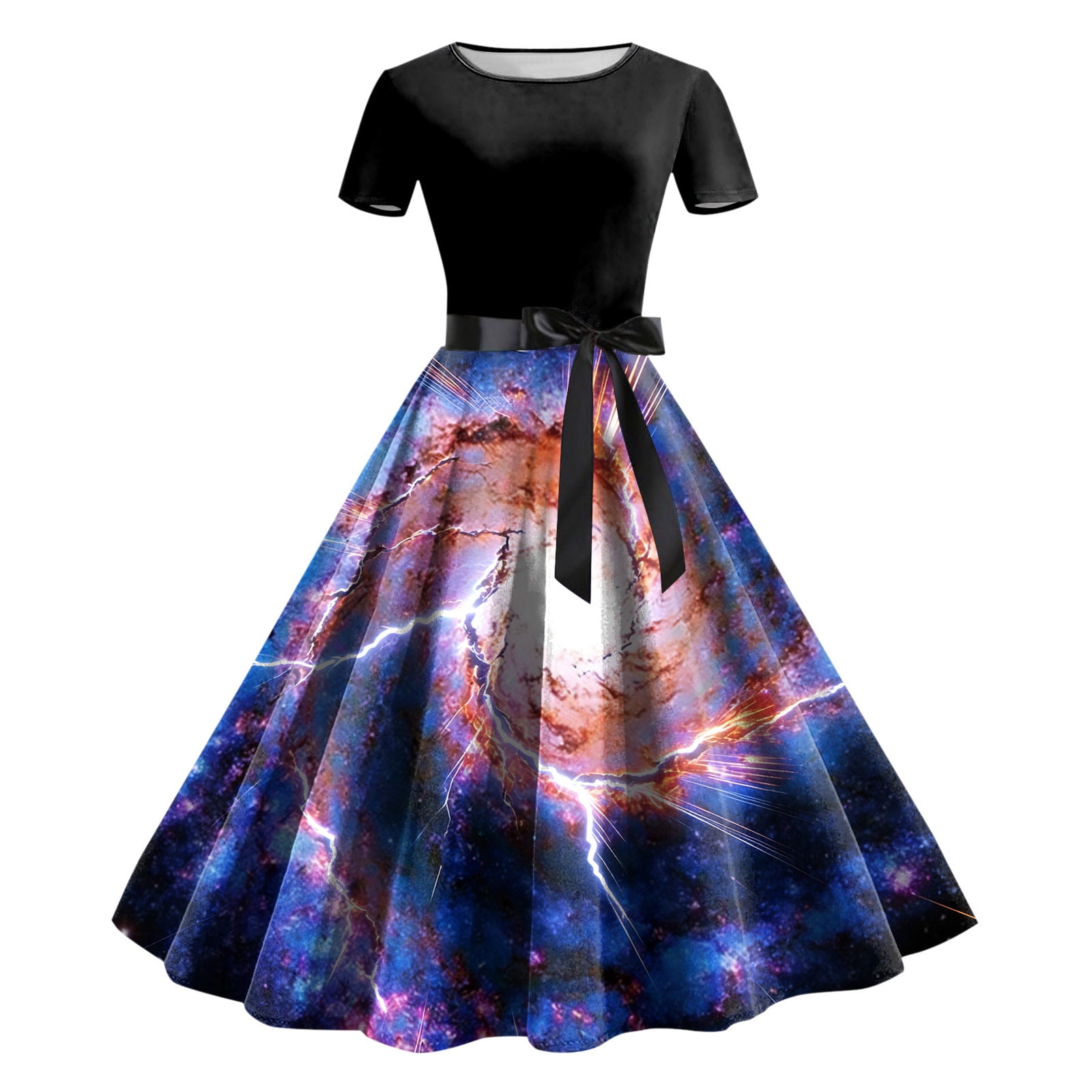 COMVALUE Women's Sun Moon Star Galaxy A-Line Dress Short Sleeve High ...