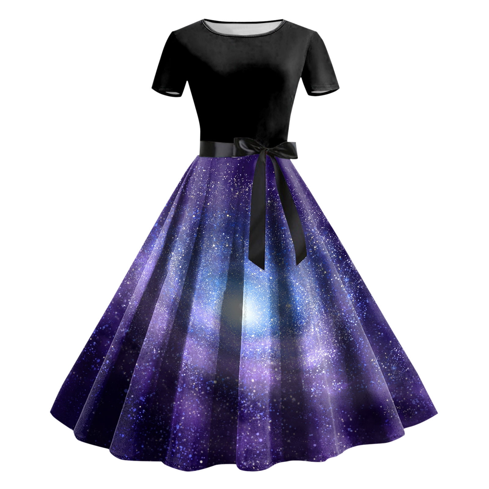 COMVALUE Women's Sun Moon Star Galaxy A-Line Dress Short Sleeve High ...
