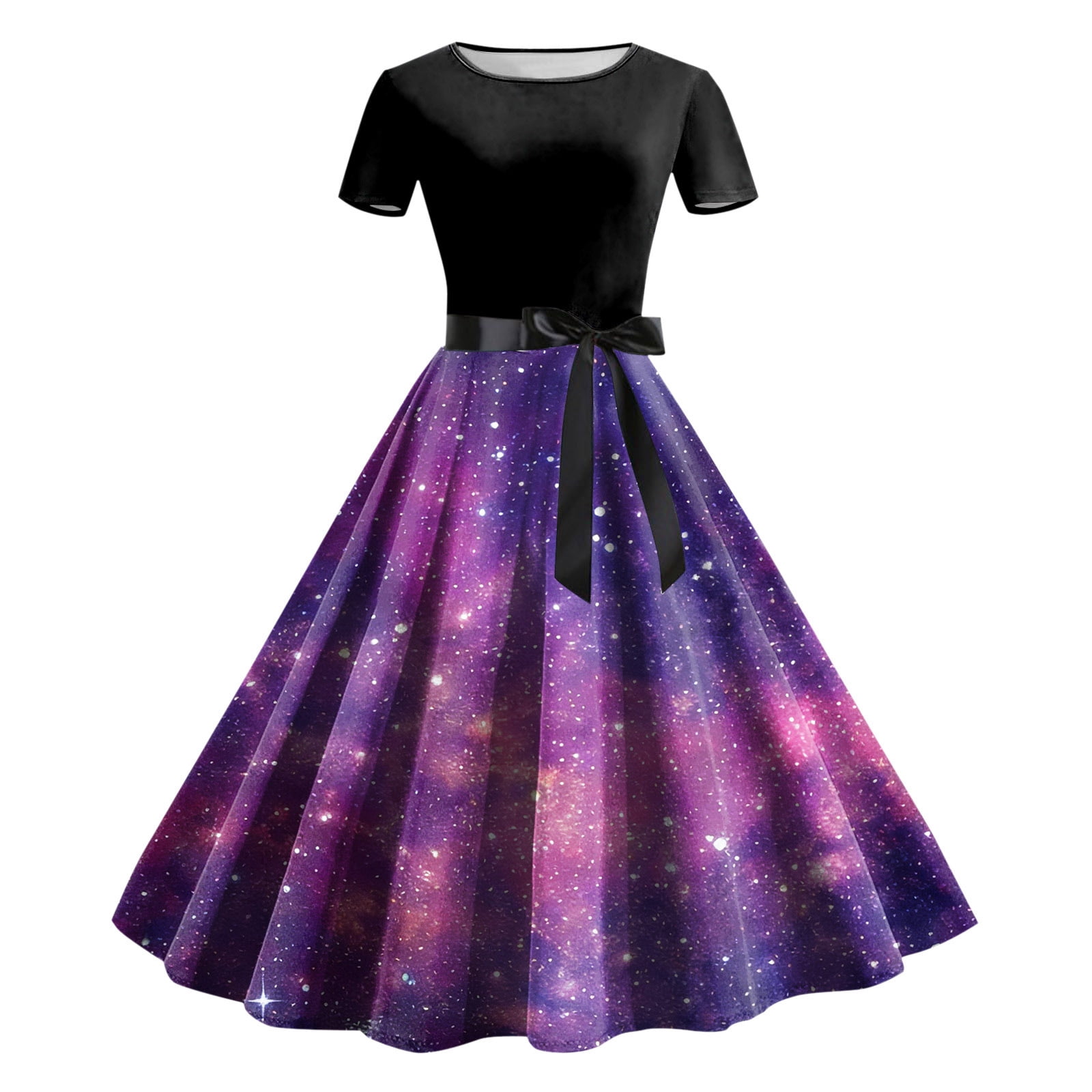 COMVALUE Women's Sun Moon Star Galaxy A-Line Dress Short Sleeve High ...