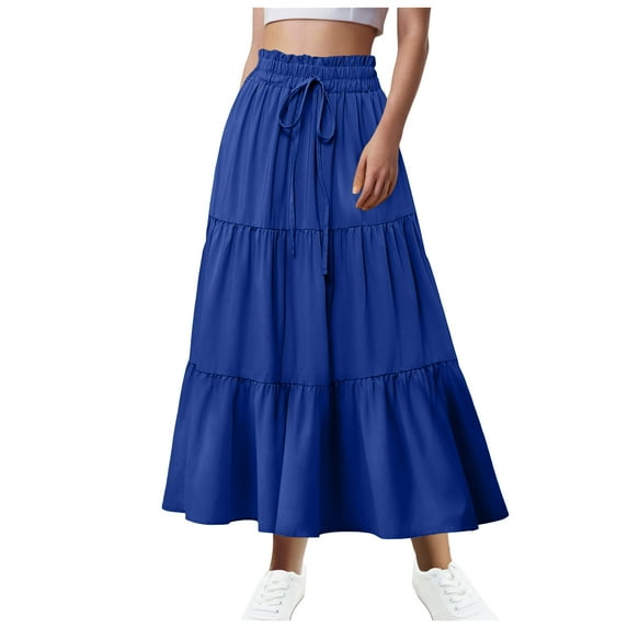 COMVALUE Womens A Line Long Midi Denim Skirt Tired Pleated Layers ...