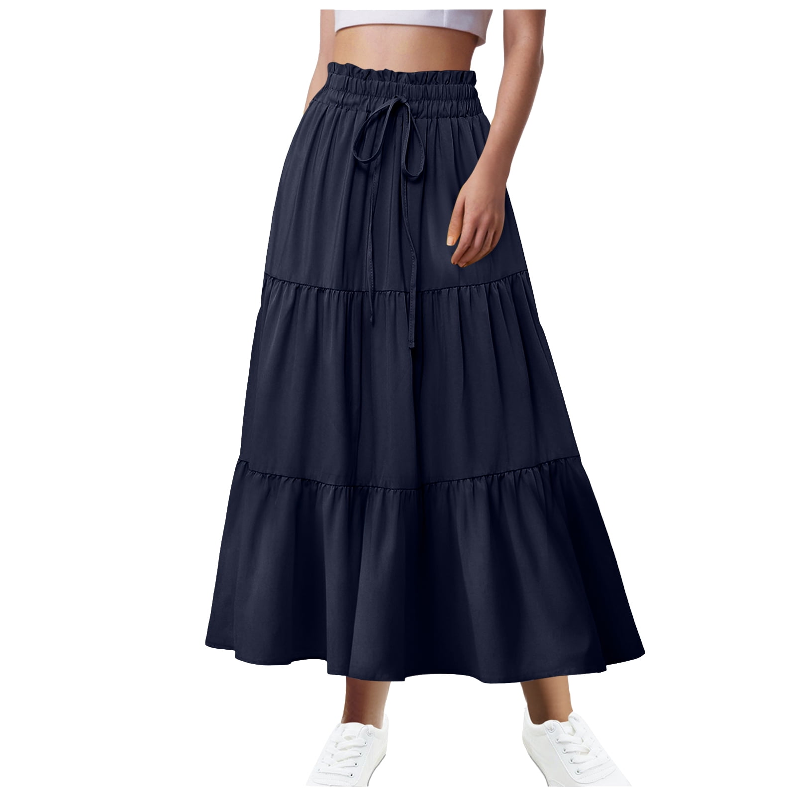 COMVALUE Womens A Line Long Midi Denim Skirt Tired Pleated Layers ...