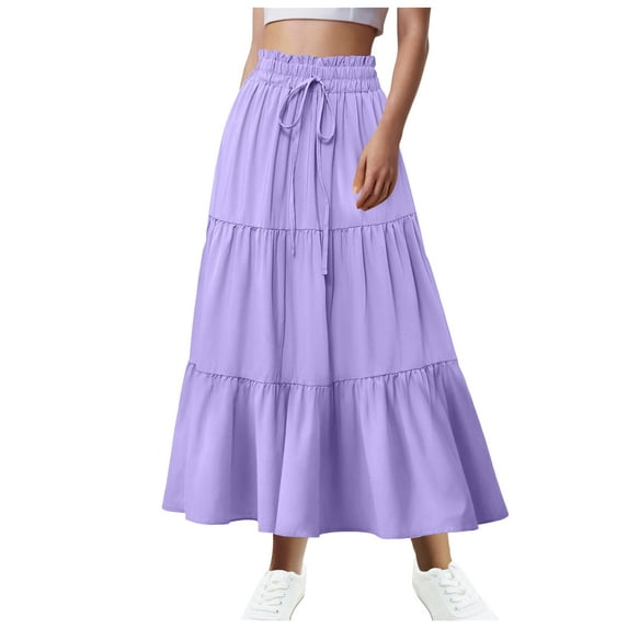 COMVALUE Womens A Line Long Midi Denim Skirt Tired Pleated Layers ...
